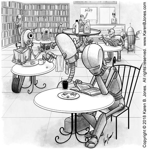 Robots in a Bookshop Cafe – Karen B. Jones – Illustrator